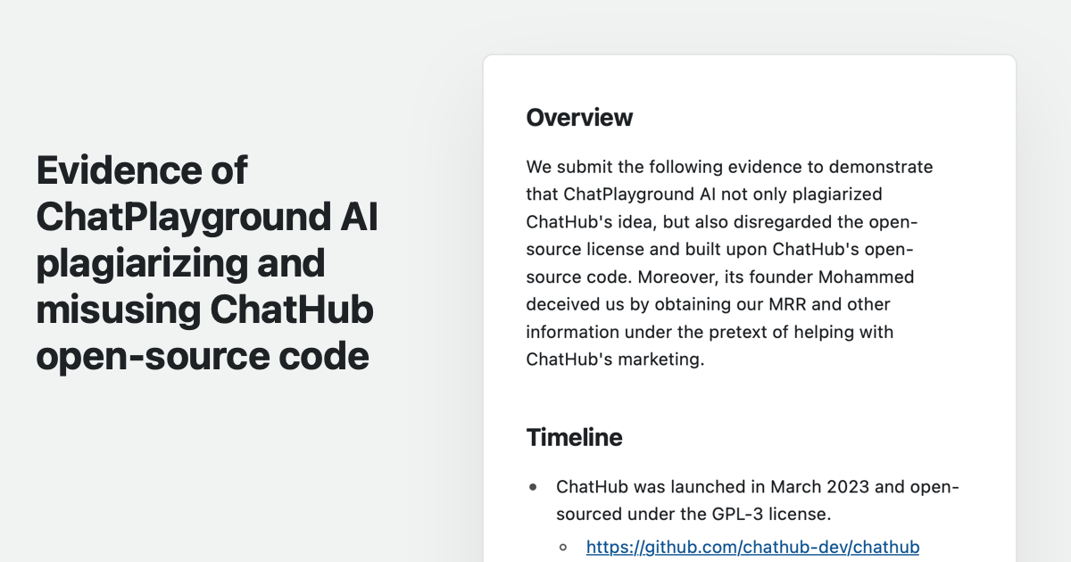 Evidence of ChatPlayground AI plagiarizing and misusing ChatHub open-source code